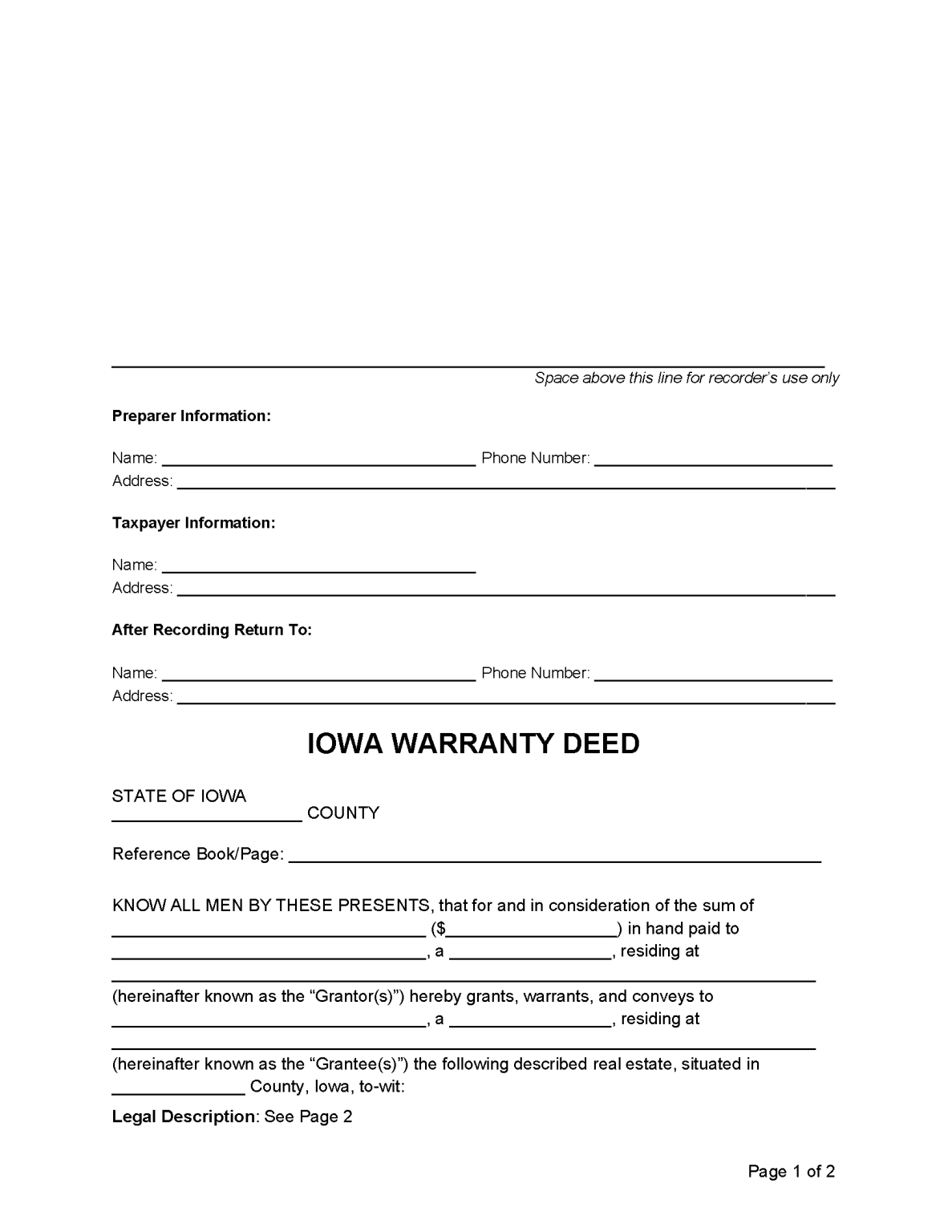 Free Iowa Quit Claim Deed Form | PDF | Word