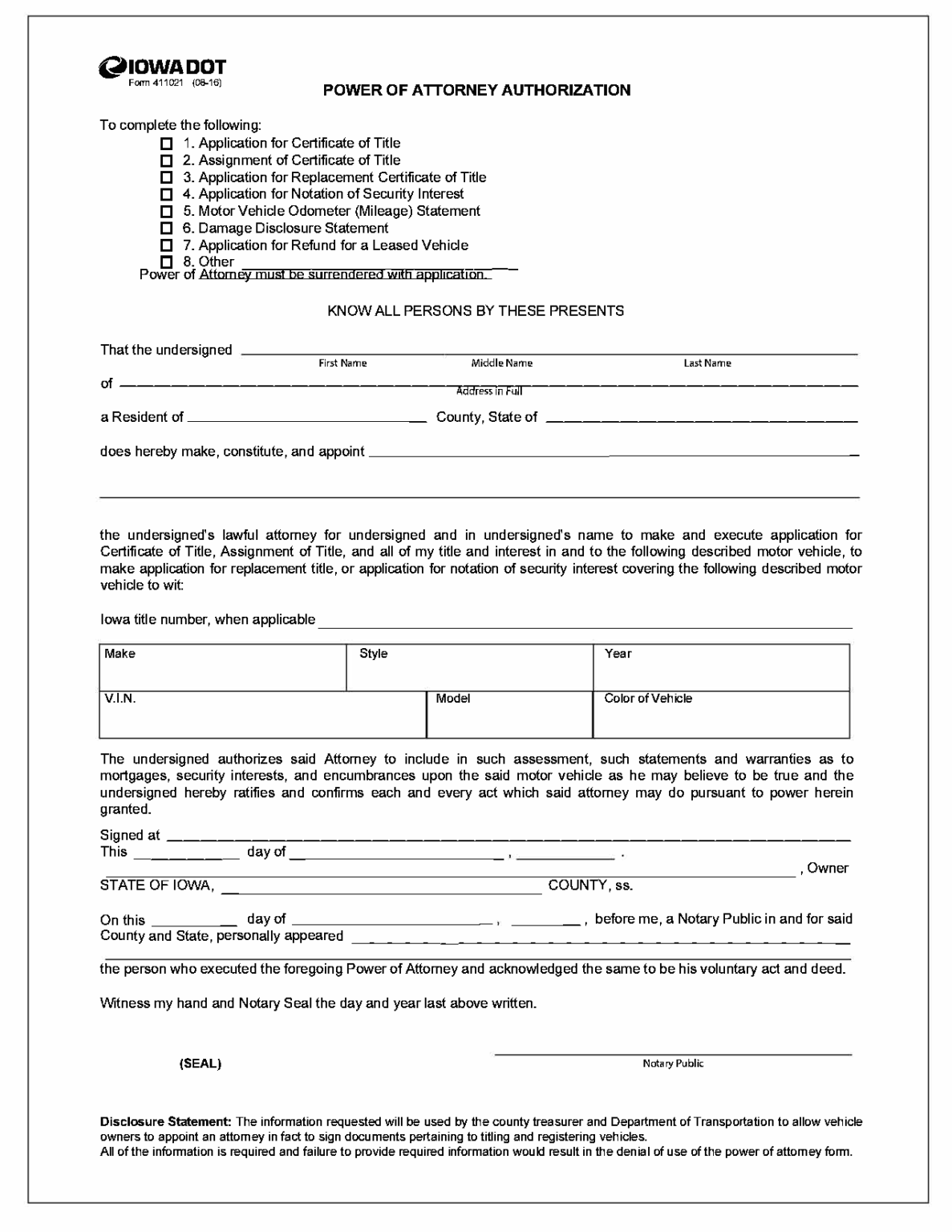 Free Iowa Motor Vehicle Power of Attorney (Form 411021) | PDF