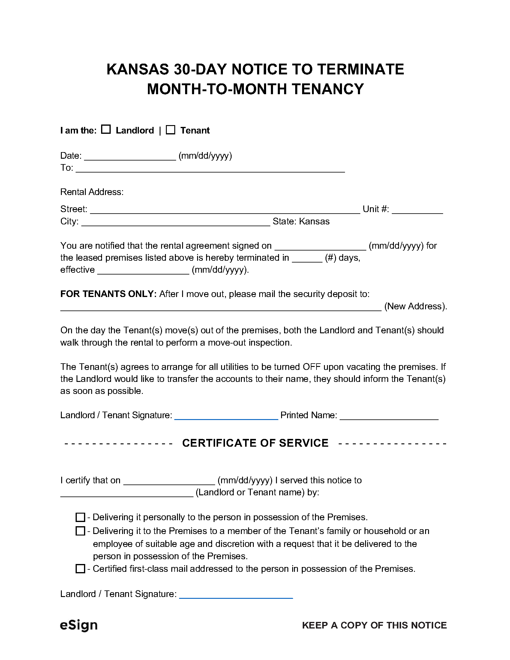 Free Kansas 30 Day Notice To Quit Lease Termination Letter PDF Word
