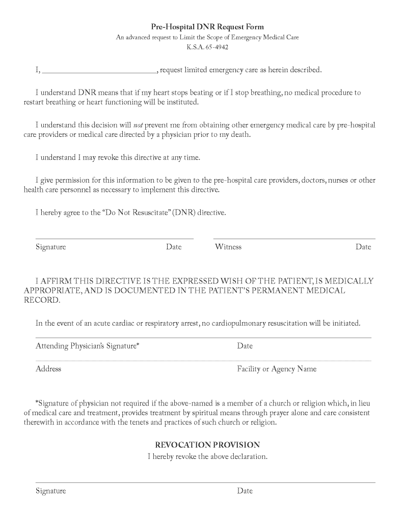 Free Kansas Do Not Resuscitate (DNR) Form | PDF