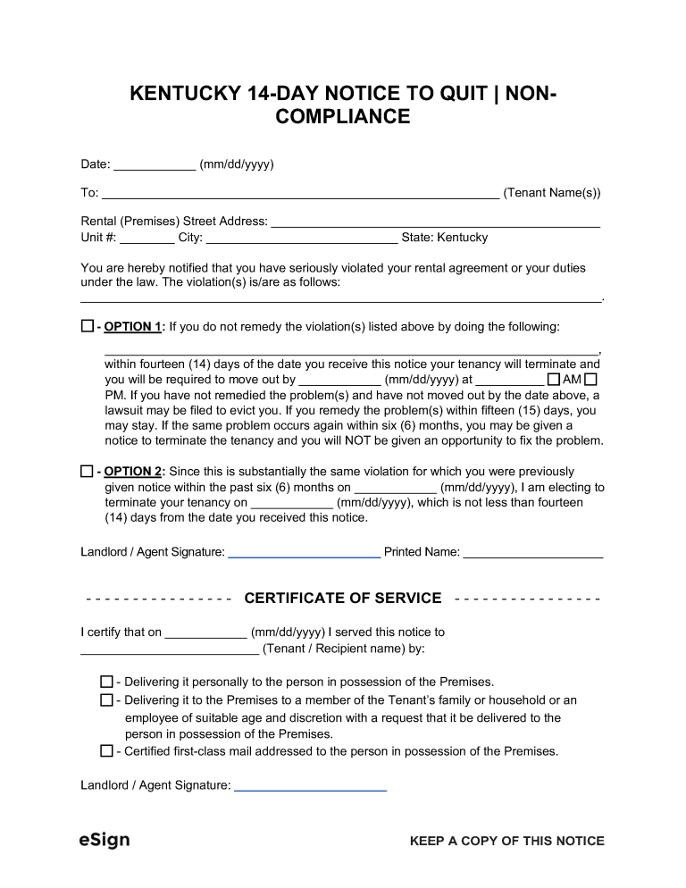 Free Kentucky 14-Day Notice to Quit | Non-Compliance | PDF | Word