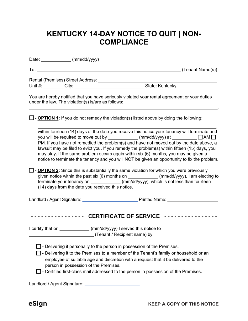 Free Kentucky 14-Day Notice to Quit | Non-Compliance | PDF | Word