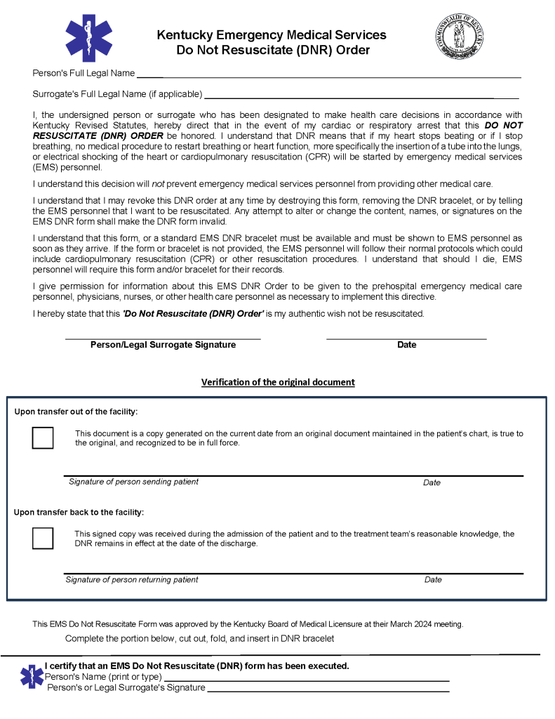 Free Kentucky Do Not Resuscitate (DNR) Form | PDF