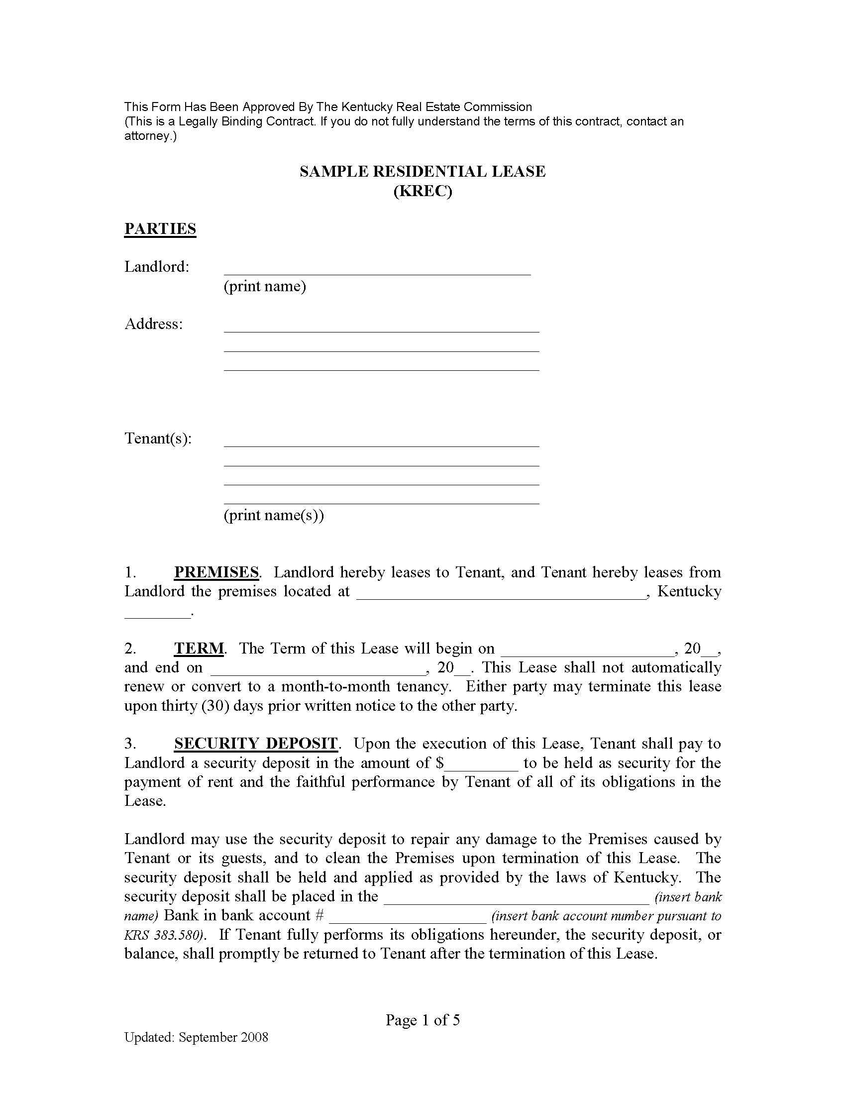 Free Kentucky Standard Residential Lease Agreement PDF Word
