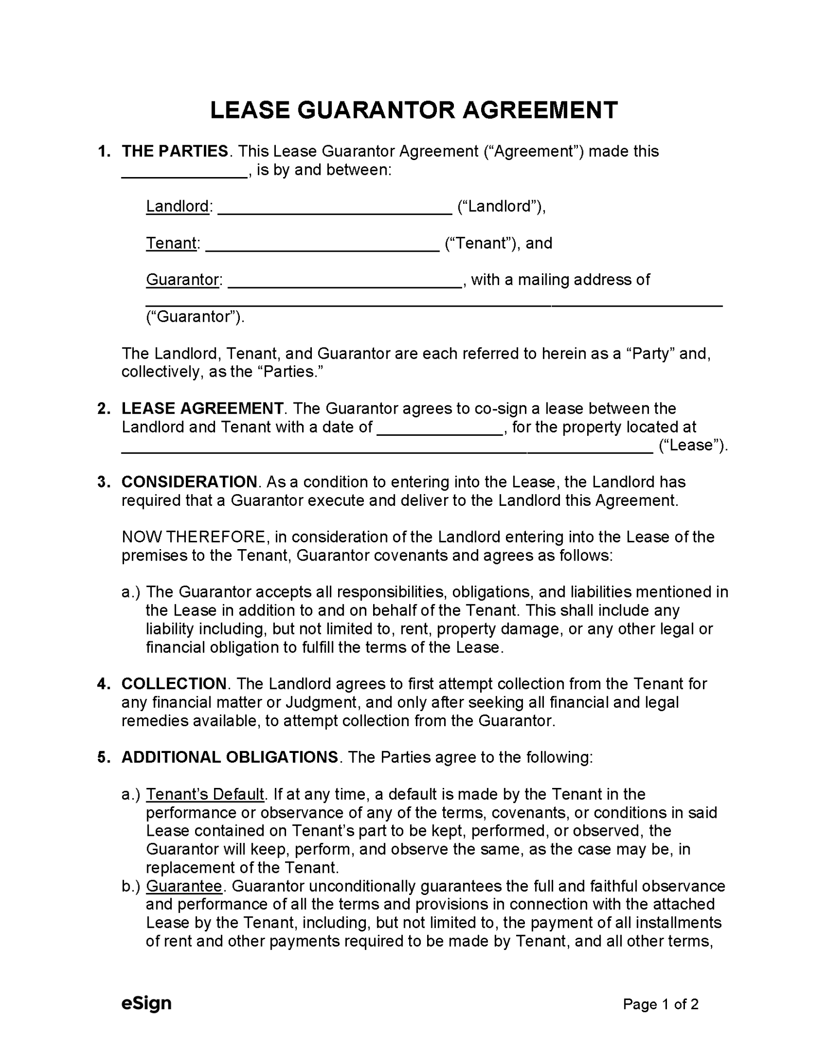Free Lease Guarantor Co Signer Form PDF Word