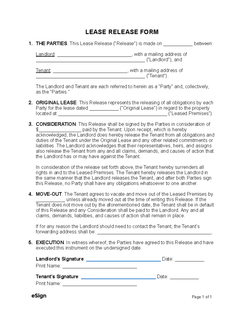 Free Lease Release Form | PDF | Word