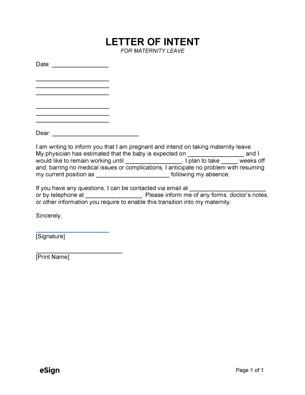 Free Letter of Intent for Maternity Leave | PDF | Word