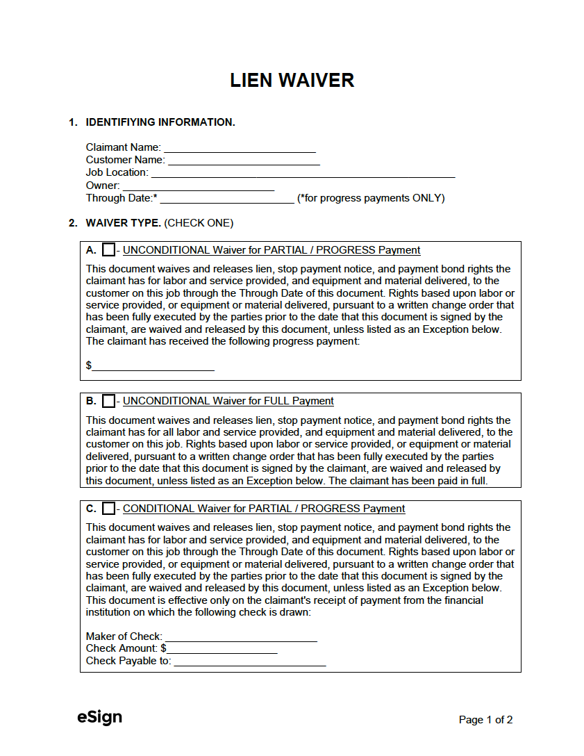 Free Printable Lien Waiver Printable Form Templates And Letter
