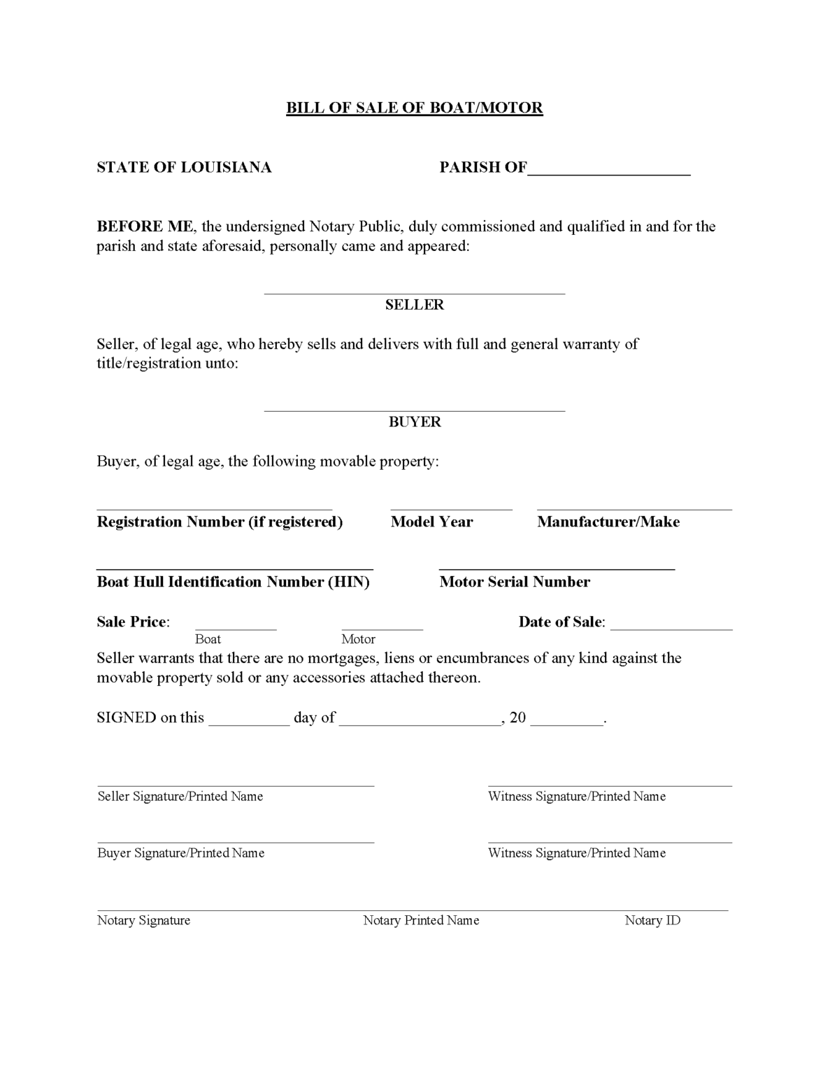 Free Louisiana Boat Bill of Sale Form | PDF