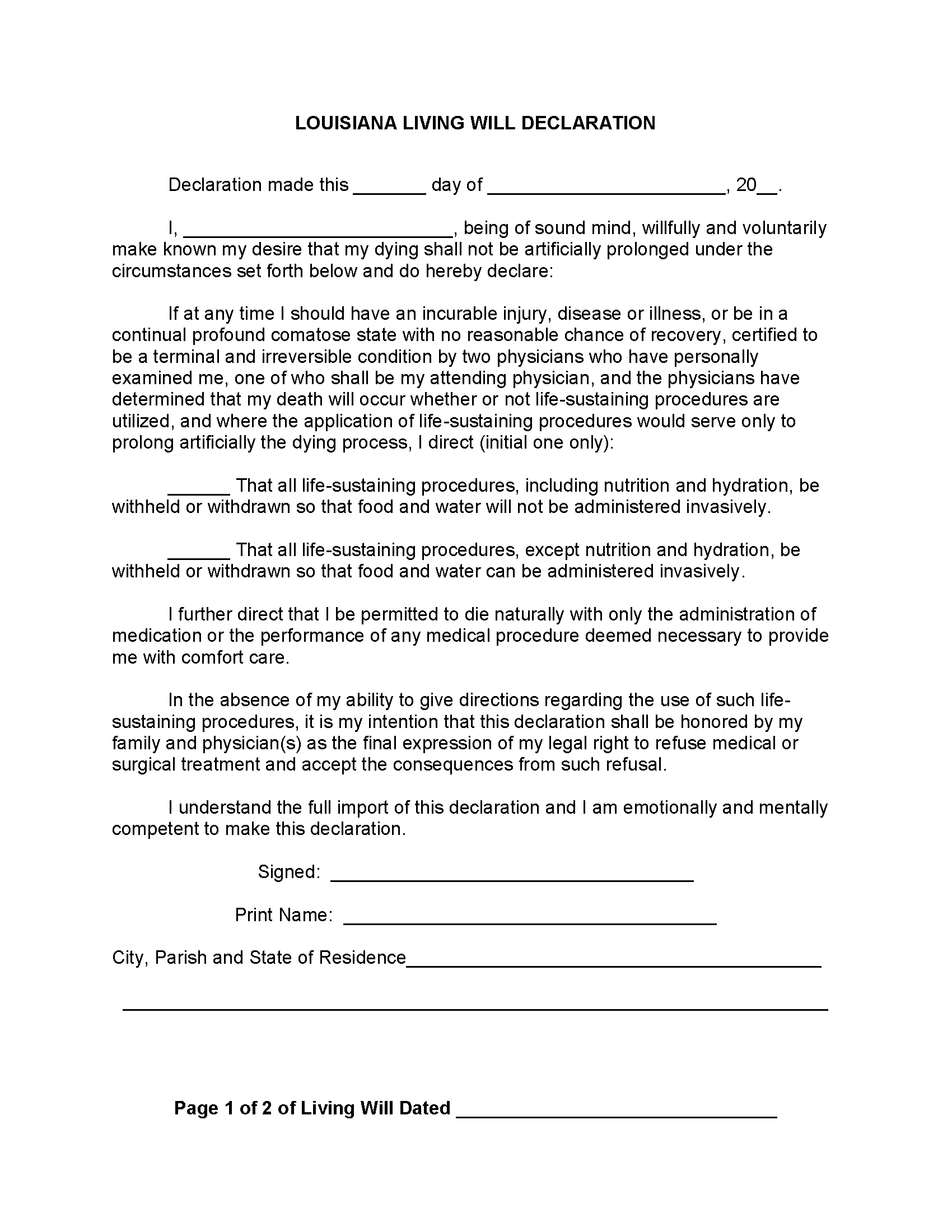 Free Louisiana Living Will Form PDF
