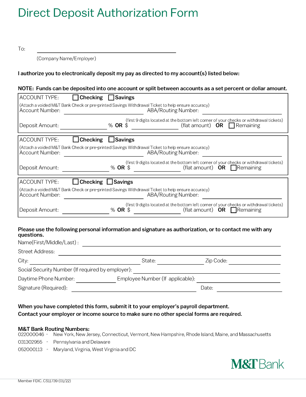 Free M&T Bank Direct Deposit Authorization Form | PDF