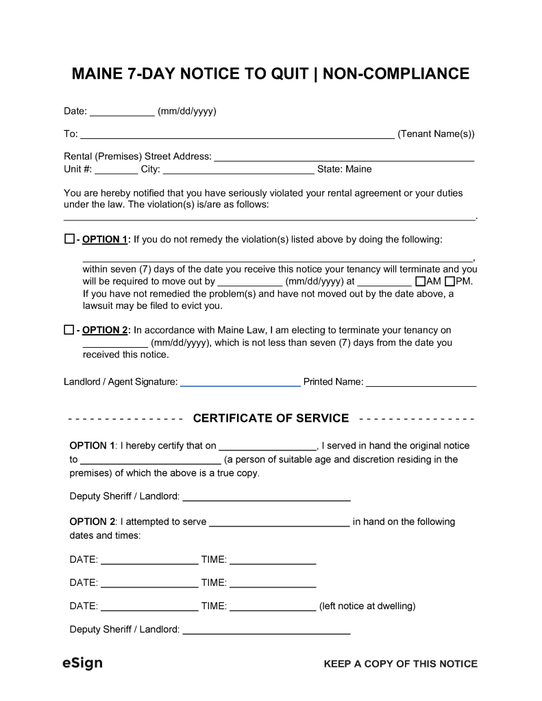Free Maine 7-Day Notice to Quit | Non-Compliance | PDF | Word