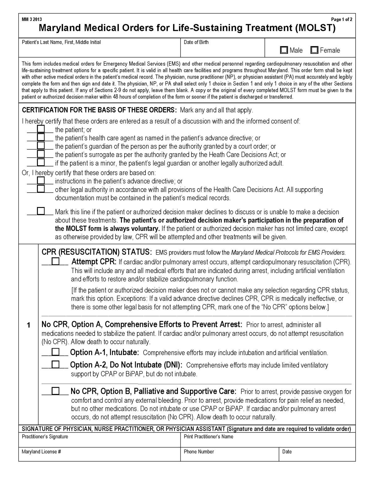 Free Maryland Do Not Resuscitate (DNR) Form | PDF