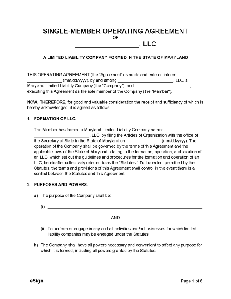 Free Maryland LLC Operating Agreement Template | PDF | Word