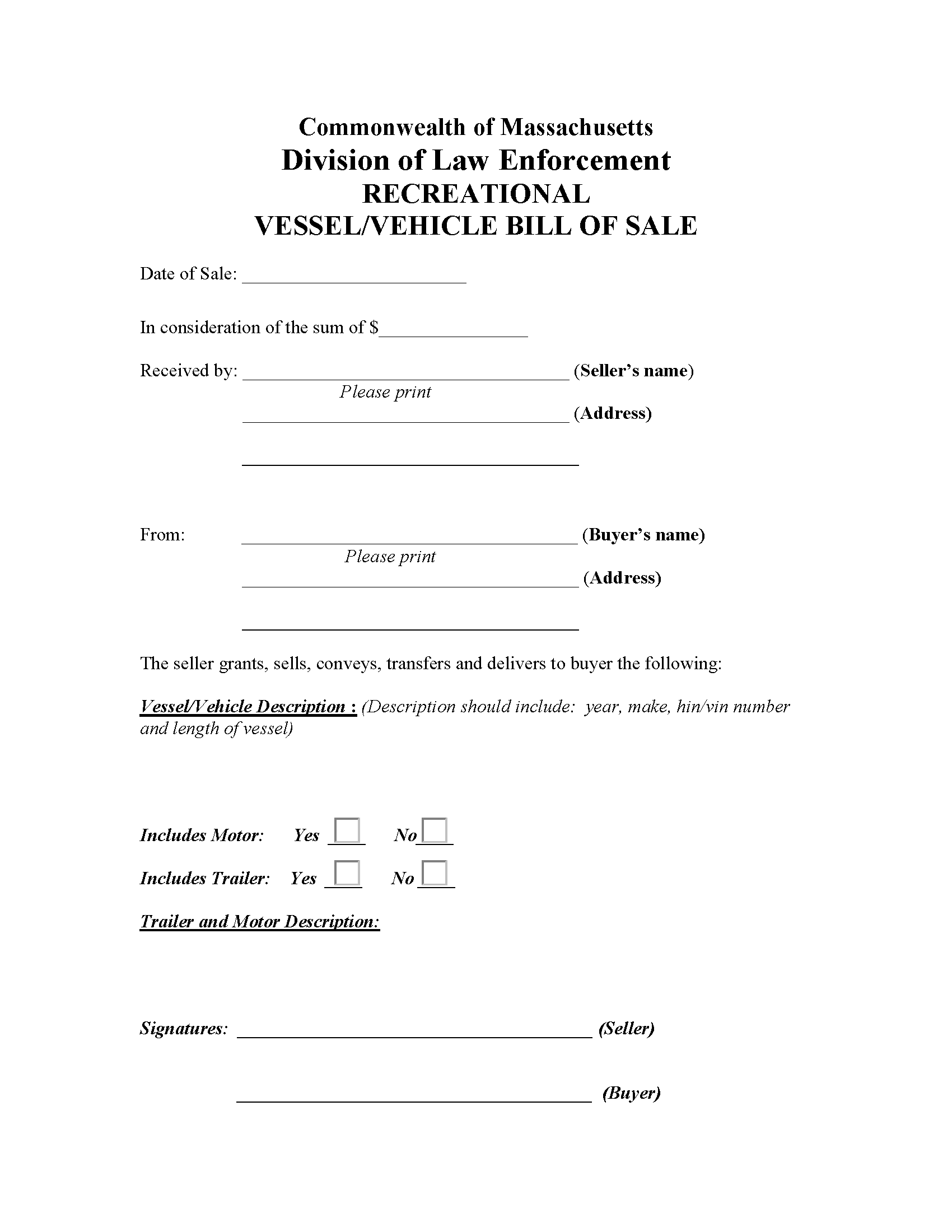 Free Massachusetts Boat Bill Of Sale Form PDF Word