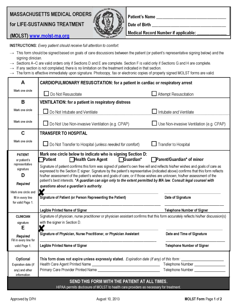 Free Massachusetts Do Not Resuscitate (DNR) Form | PDF