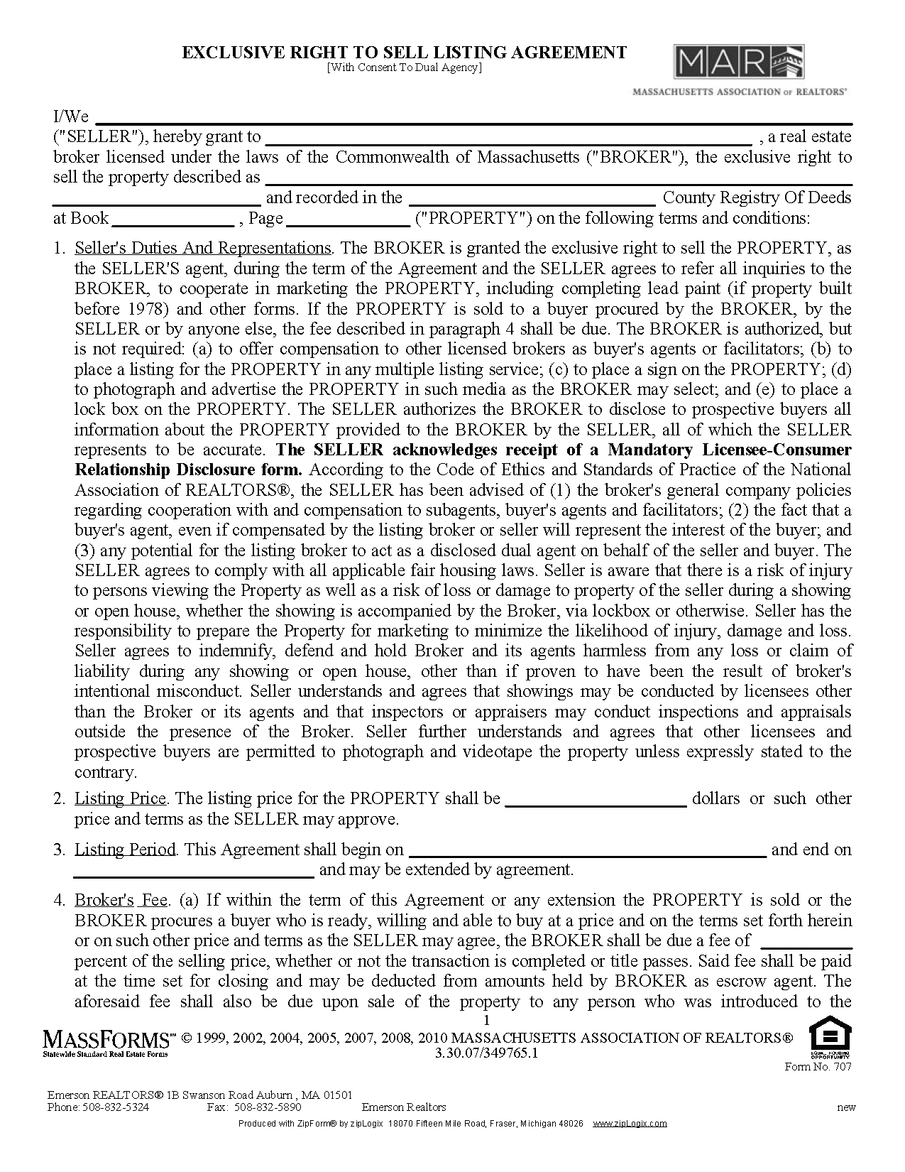 Free Massachusetts Real Estate Listing Agreement | PDF | Word