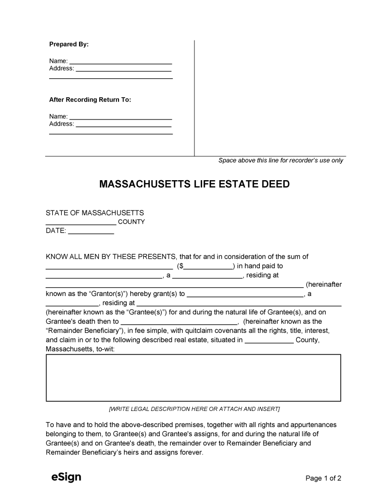 Free Massachusetts Life Estate Deed Form | PDF | Word
