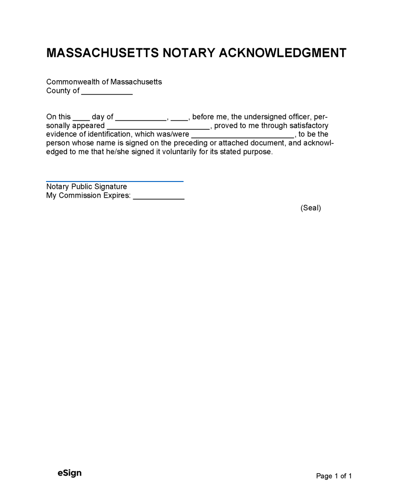 Free Massachusetts Notary Acknowledgment Form | PDF | Word