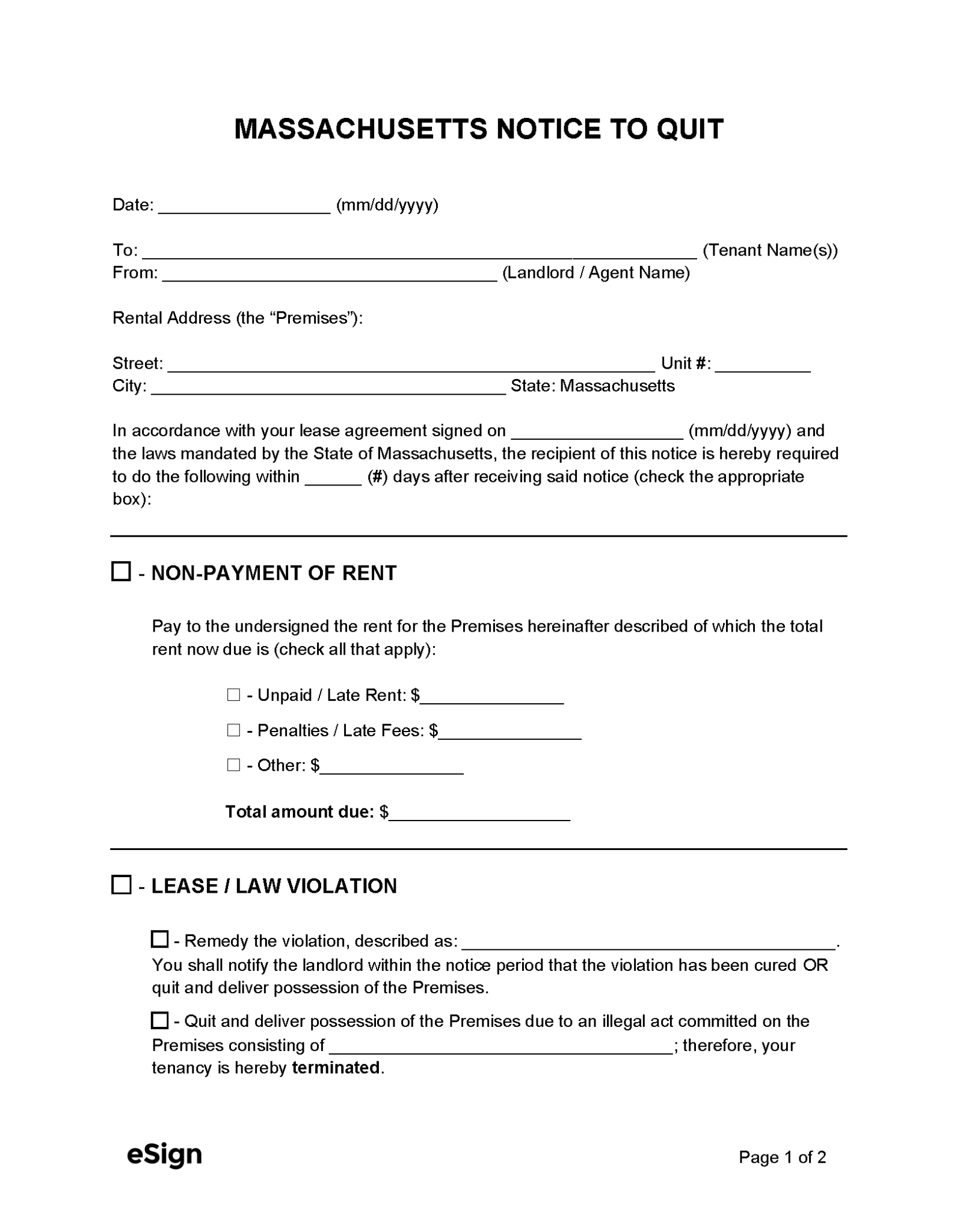Free Massachusetts Eviction Notice Templates Laws PDF Word