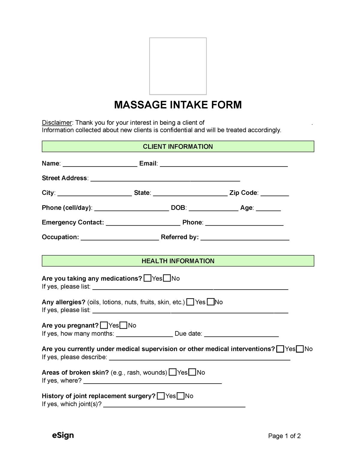 Free Massage Intake Form | PDF | Word