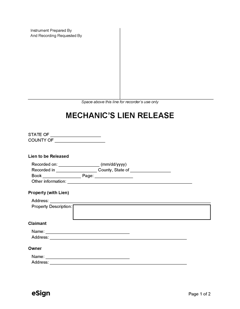 Free Mechanic's Lien Release Form | PDF | Word
