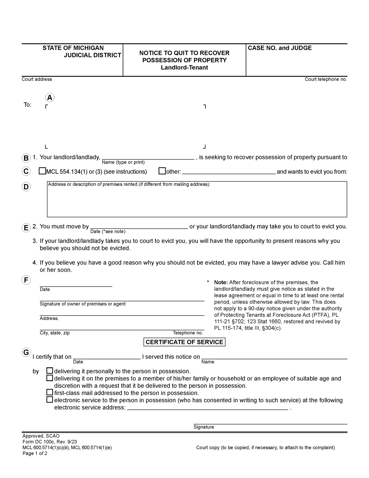 Free Michigan 1-Month Notice to Quit | Lease Termination Letter for ...