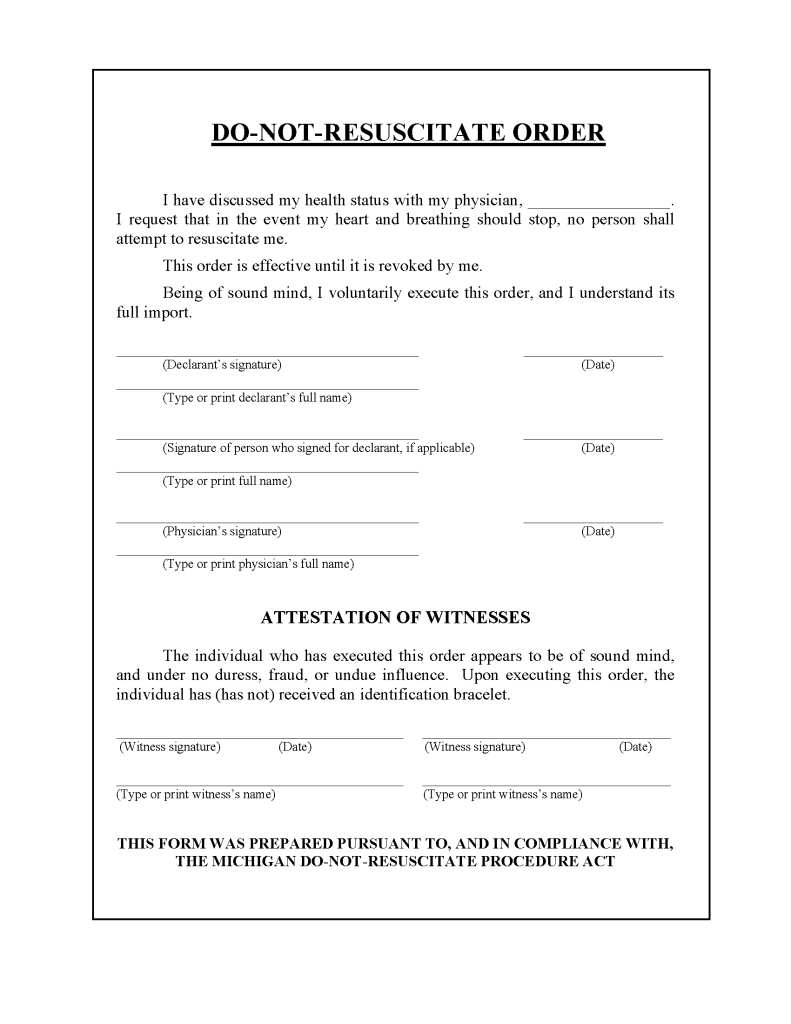 Free Michigan Do Not Resuscitate (DNR) Form | PDF