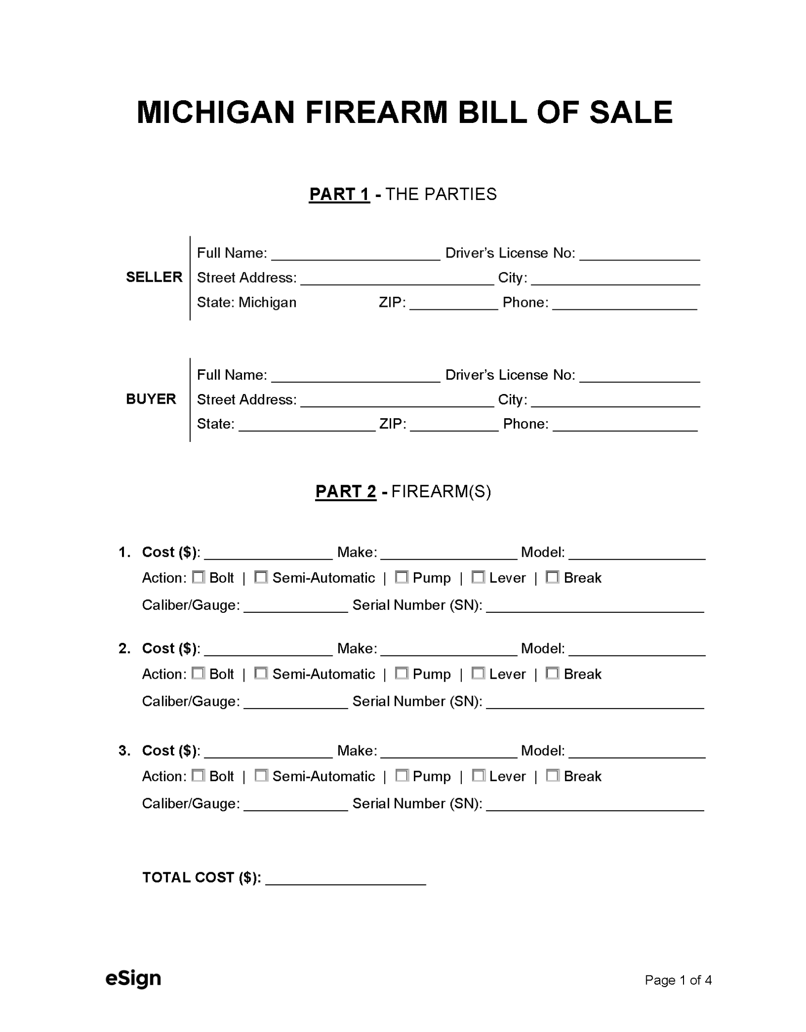 Free Michigan Firearm Bill of Sale Form | PDF | Word