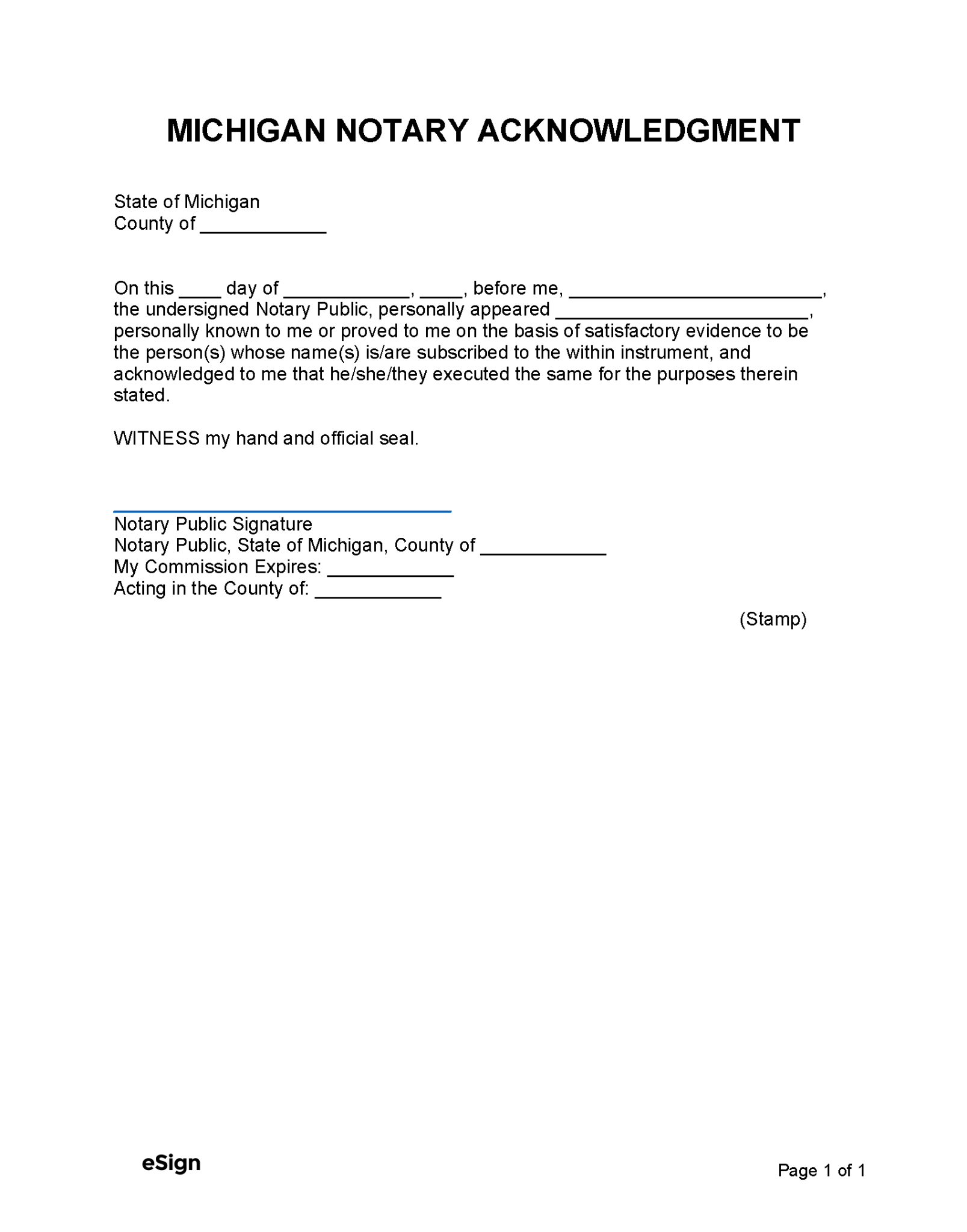 Free Michigan Notary Acknowledgment Form | PDF | Word