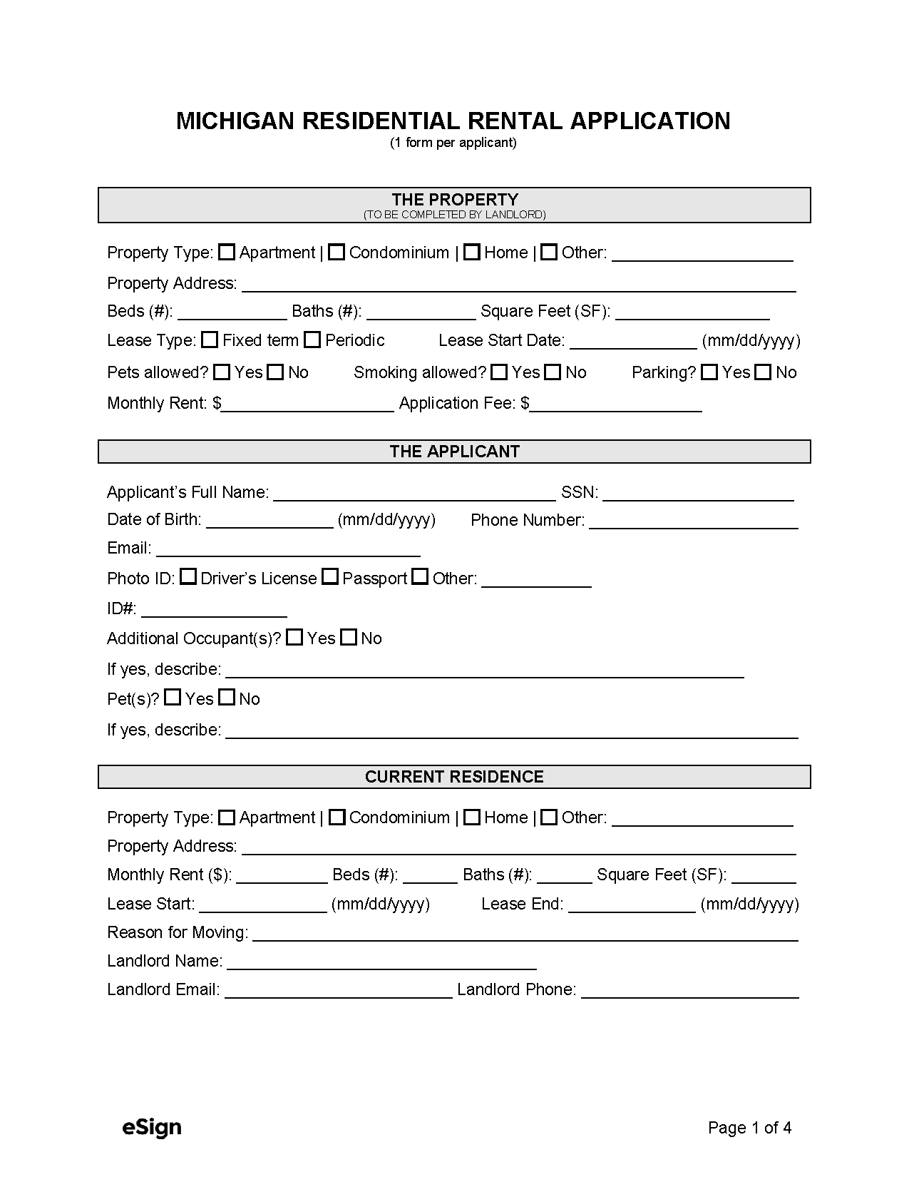 Free Michigan Residential Rental Application Form PDF Word