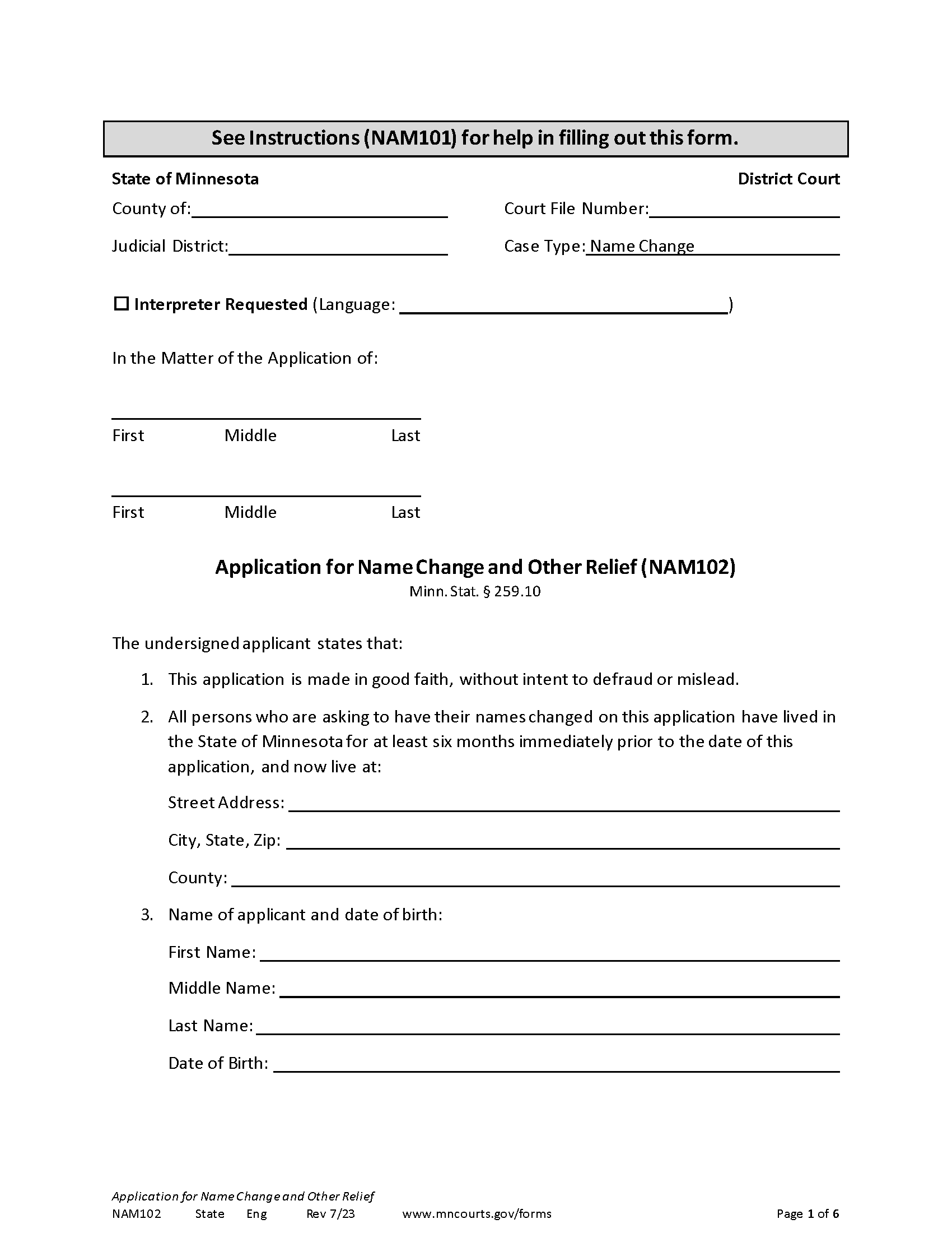 Free Minnesota Application for Name Change and Other Relief | PDF