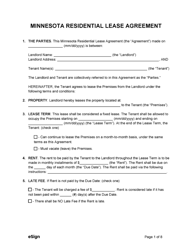 Free Minnesota Standard Residential Lease Agreement Template | PDF | Word