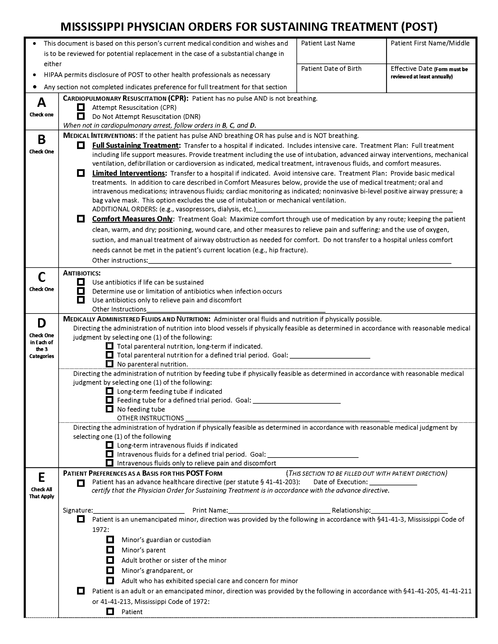 Free Mississippi Do Not Resuscitate (DNR) Form | PDF
