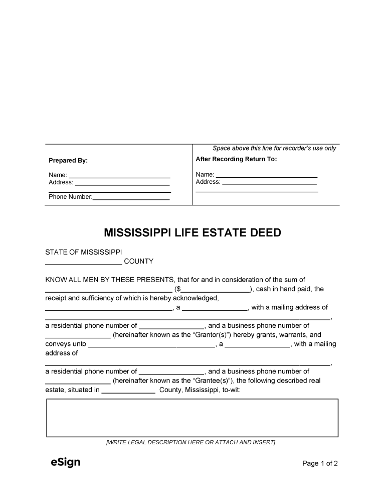 Free Mississippi Life Estate Deed Form | PDF | Word