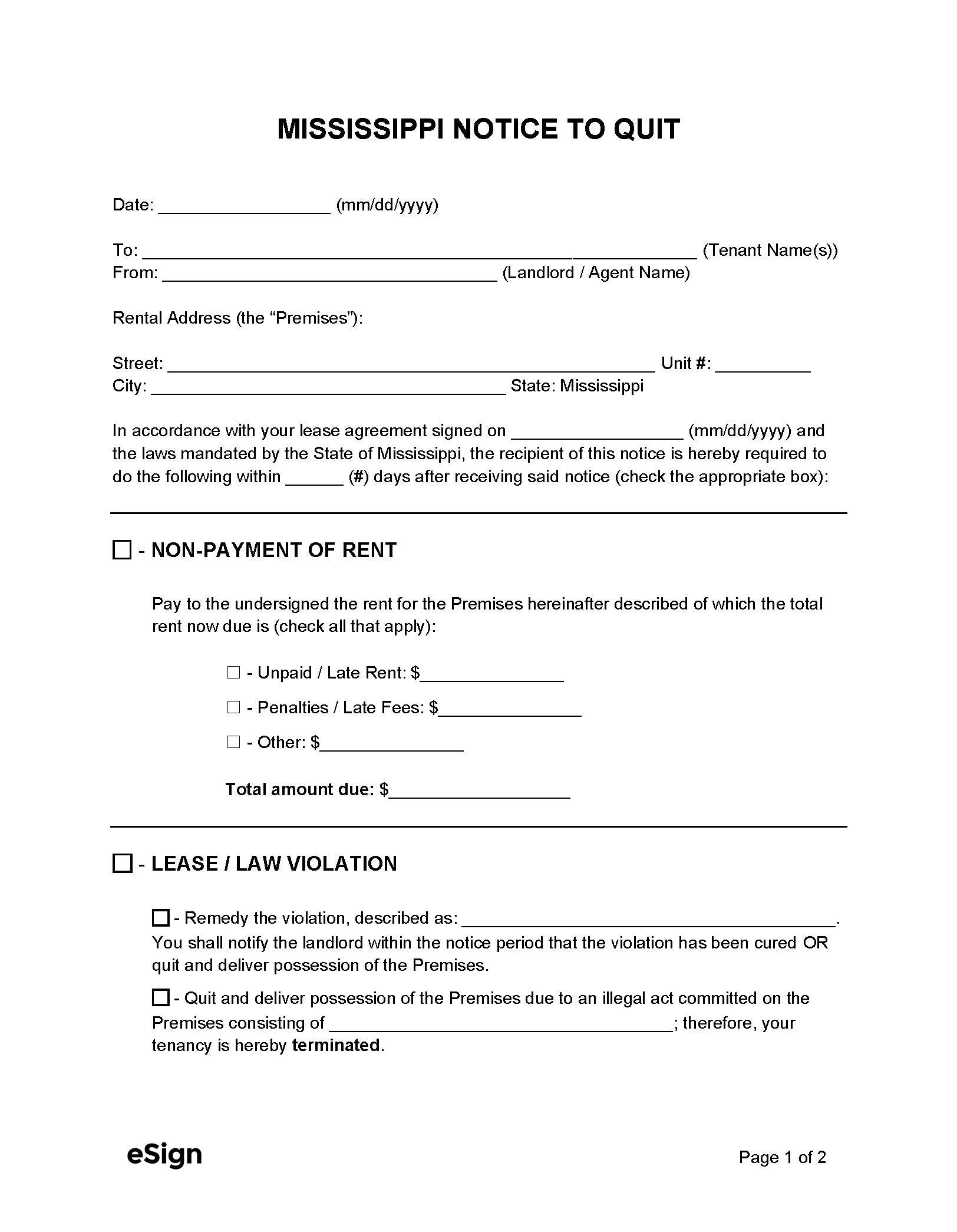 Free Mississippi Eviction Notice Laws PDF Word