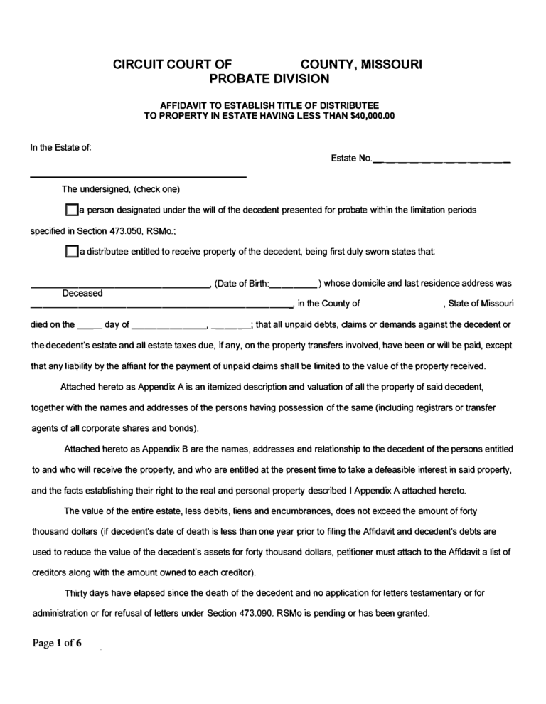 Free Missouri Small Estate Affidavit Form | PDF
