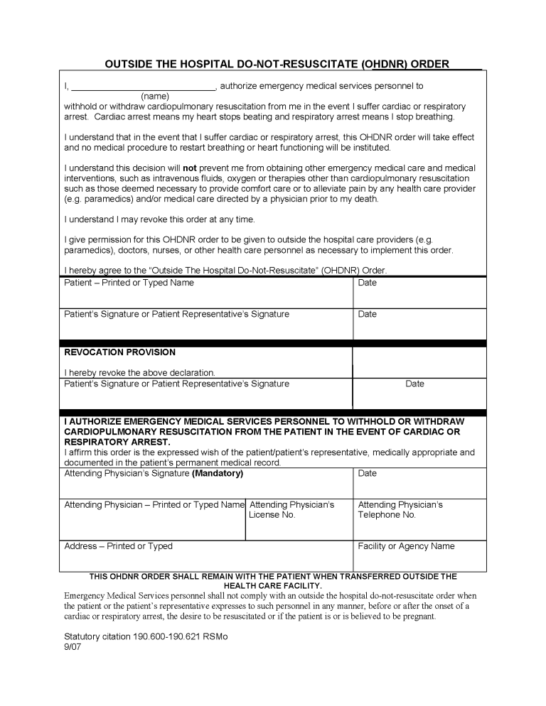 Free Missouri Do Not Resuscitate (DNR) Form | PDF
