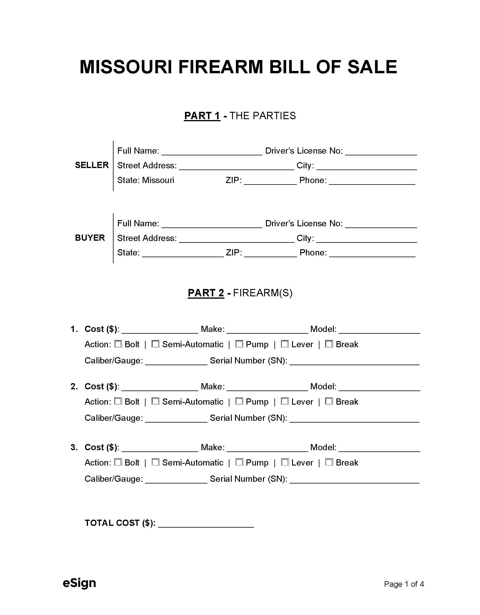 Free Missouri Firearm Bill Of Sale Form PDF Word