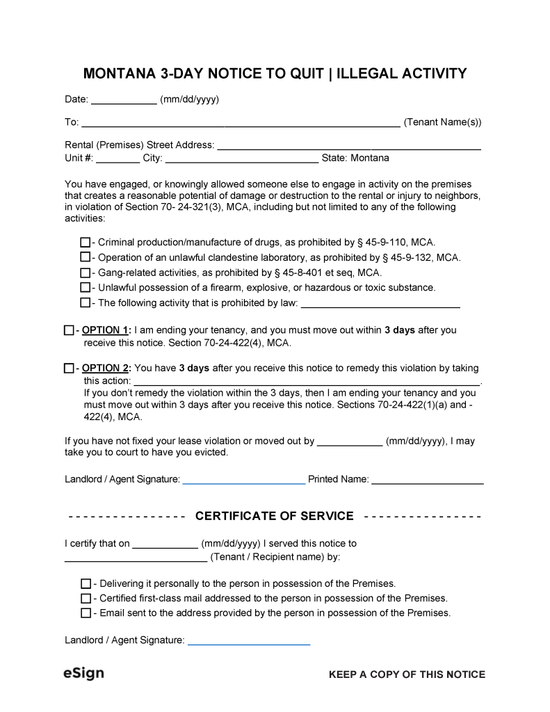 Free Montana 3-Day Notice to Quit | Illegal Activity | PDF | Word