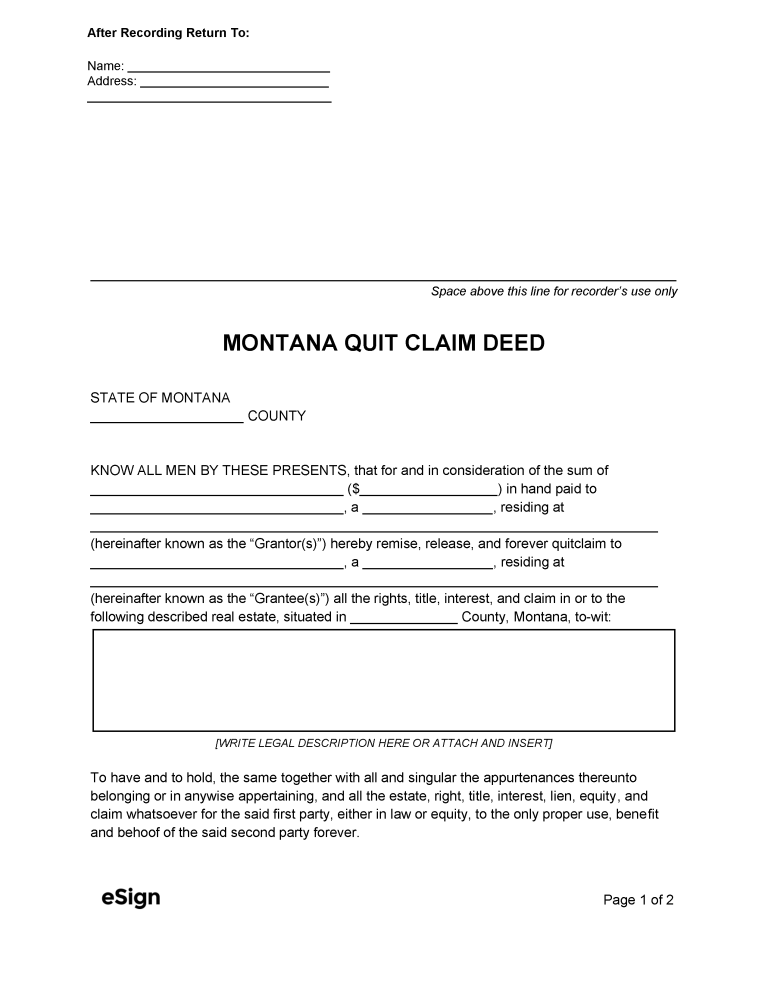 Free Montana Quit Claim Deed Form | PDF | Word