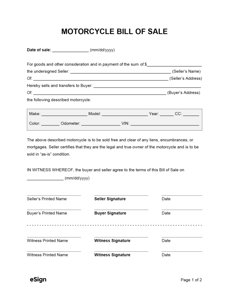 Free Motorcycle Bill of Sale Form | PDF | Word