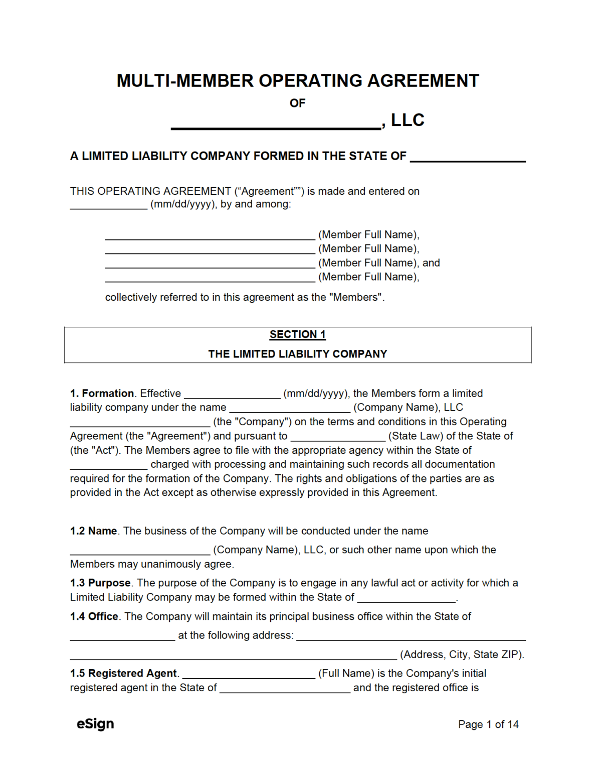 Free LLC Operating Agreement Template PDF Word