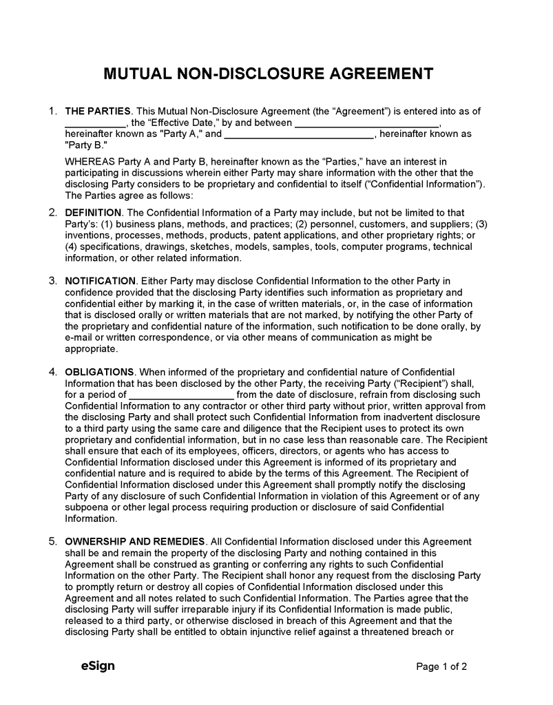 Free Mutual Non-Disclosure Agreement (NDA) | PDF | Word