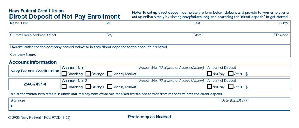 Free Navy Federal Credit Union Direct Deposit Form | PDF