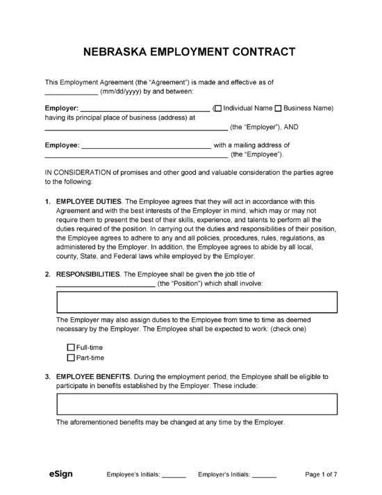 Free Nebraska Employment Contract Templates | PDF | Word