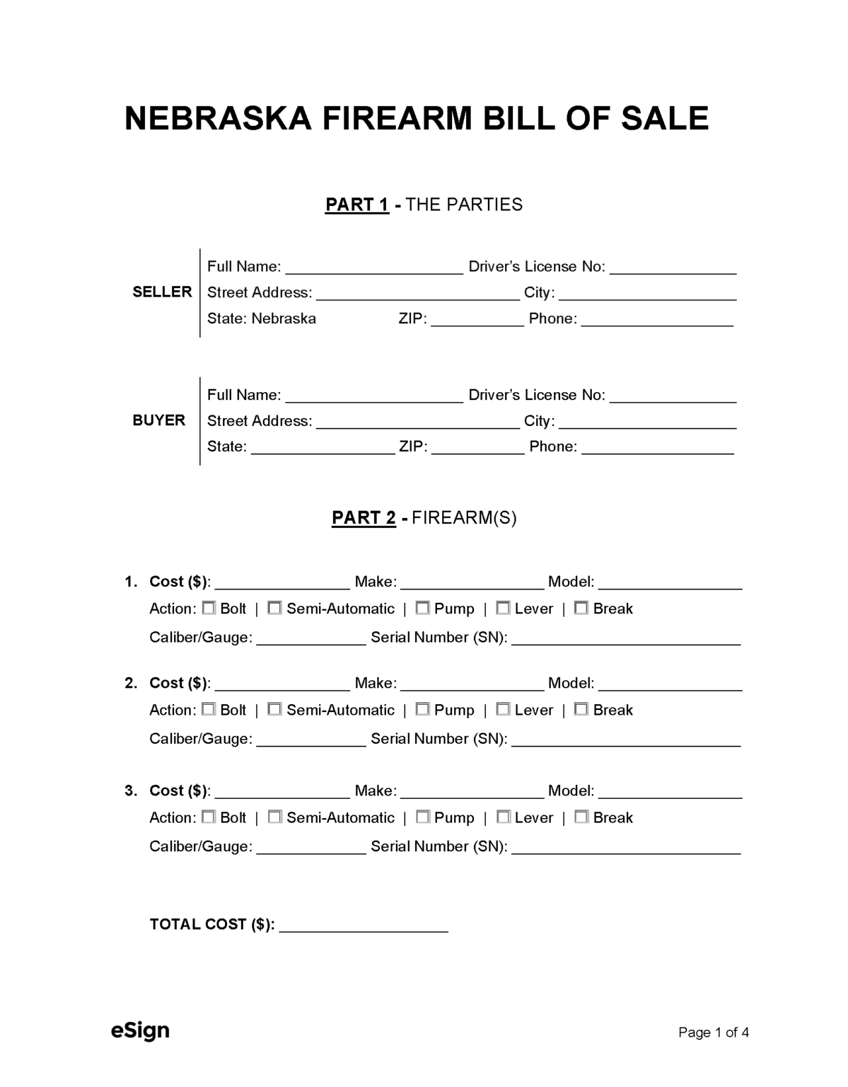 Free Nebraska Firearm Bill of Sale Form | PDF | Word
