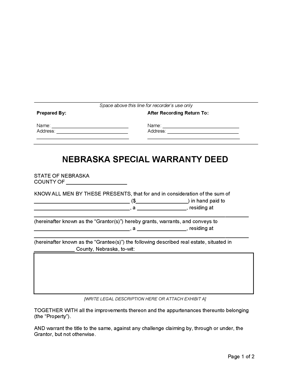 Free Nebraska Special Warranty Deed Form | PDF | Word