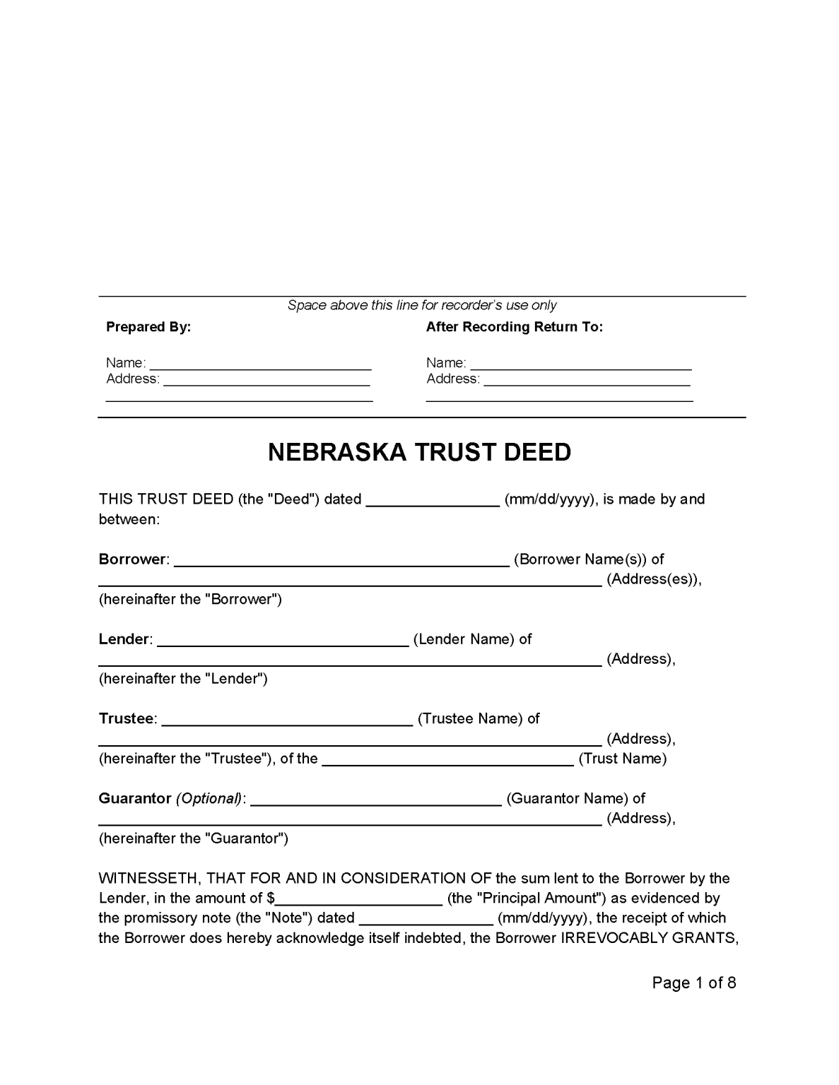 Free Nebraska Deed of Trust Form | PDF | Word