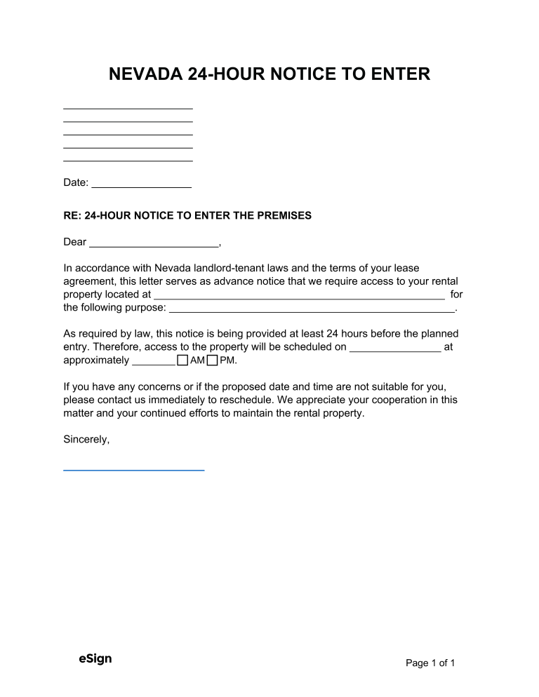 Free Nevada Landlord Notice to Enter | 24-Hour | PDF | Word